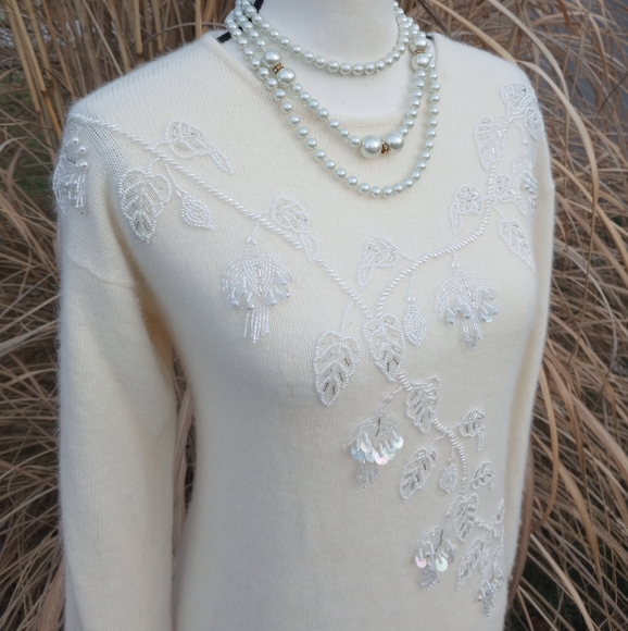Marisa Christina | Sweaters | Marisa Christina Classics White Cream Beaded Leaves Fuzzy Angora ...